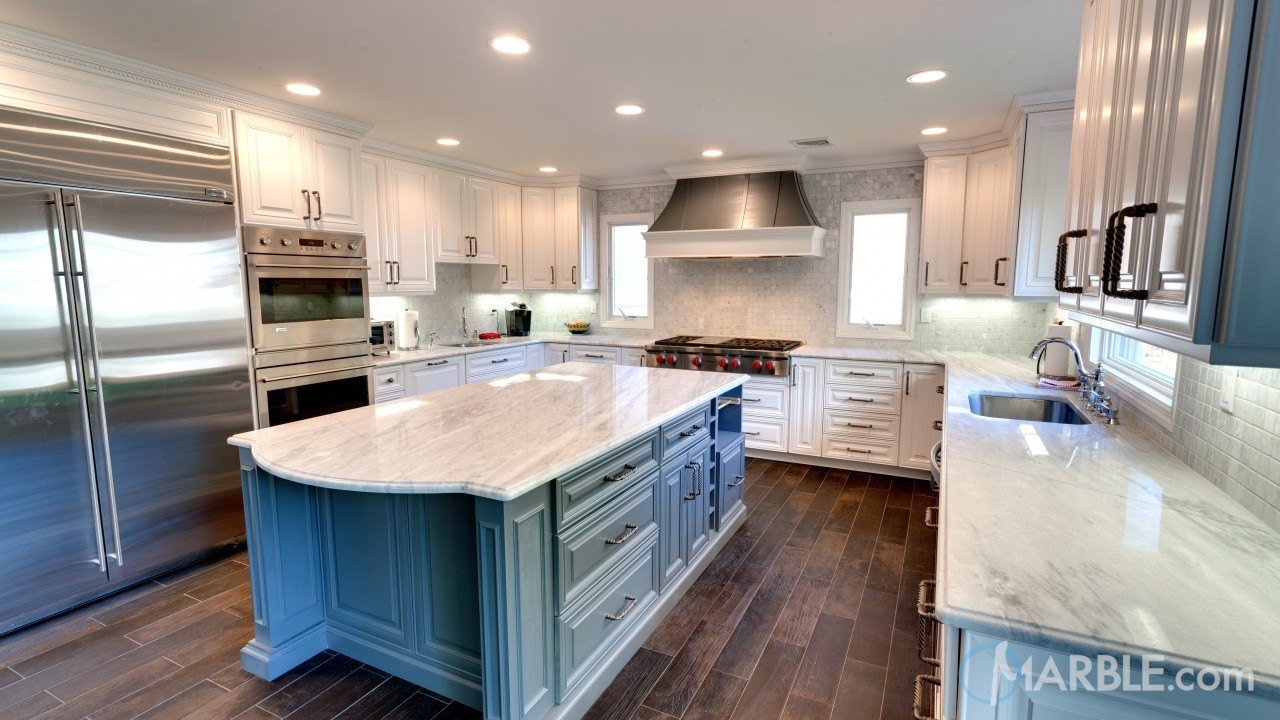 Classic White Lunar Quartzite with a Classic Ogee Edge | Marble.com